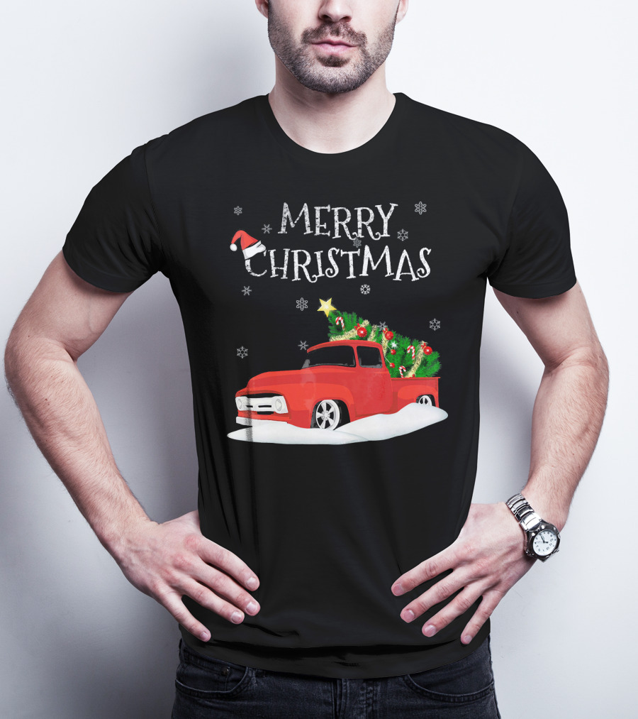 Merry Christmas Red Vintage Truck With Snow And Christmas Tree T-Shirt