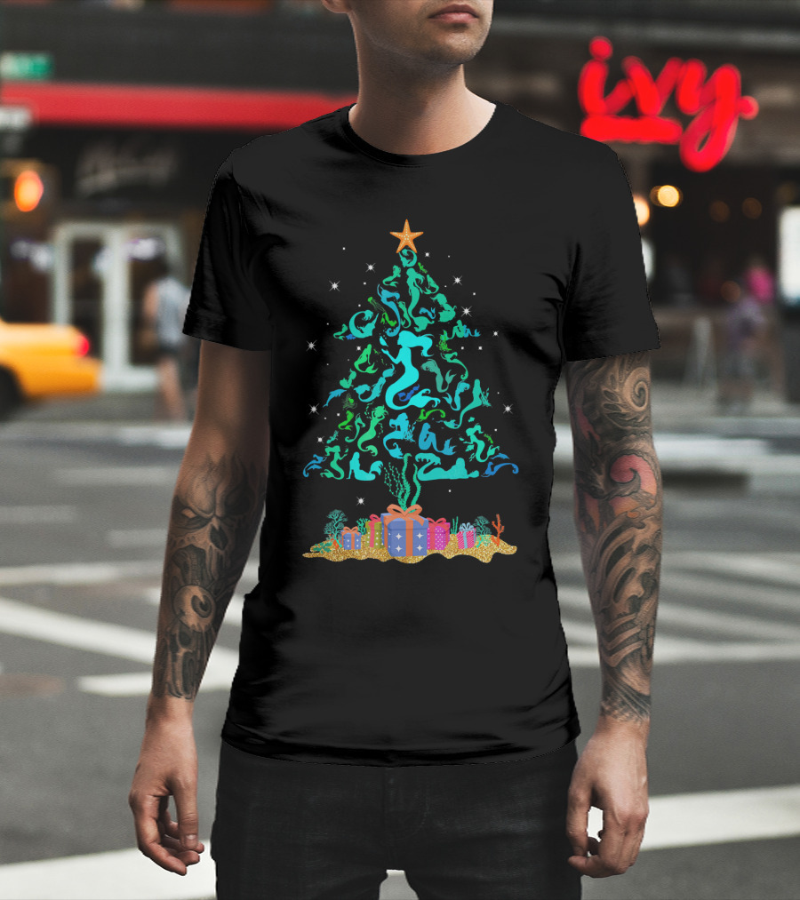 Mermaid Christmas Tree With Gifts And Star Topper T-Shirt