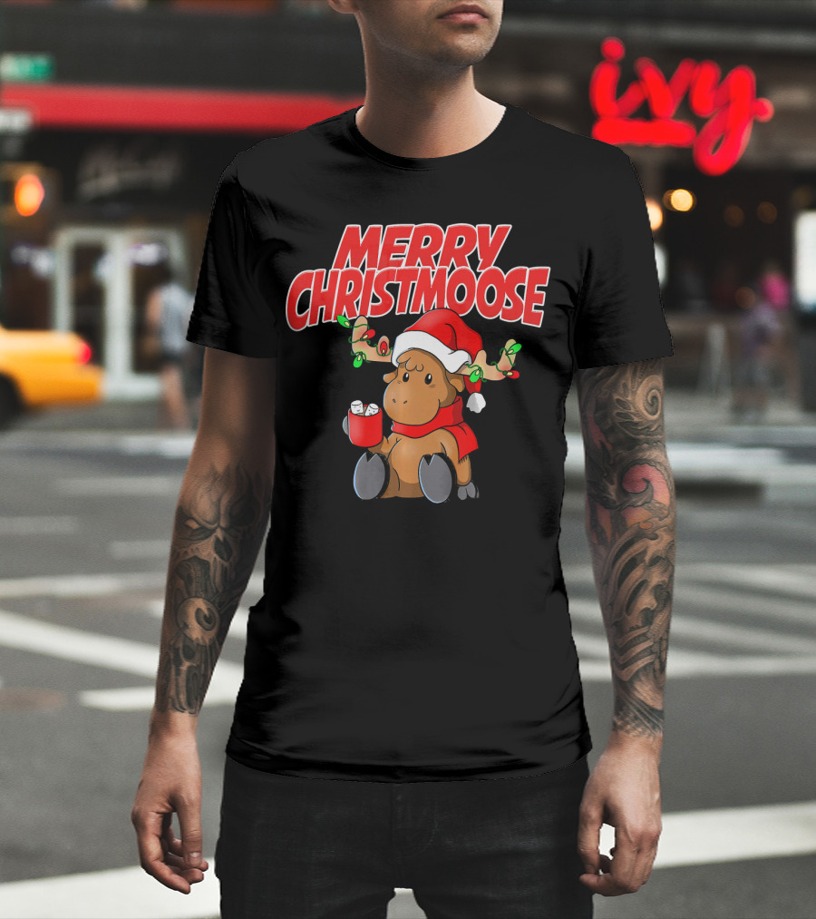 Merry Christmoose Funny Holiday Pun Moose With Santa Hat And Hot Cocoa T-Shirt