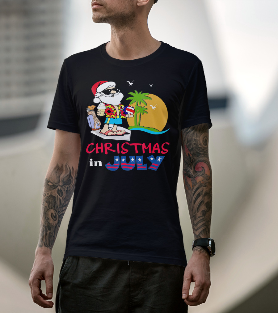 Christmas In July Funny Santa Summer Golf Sun And Palm Trees T-Shirt