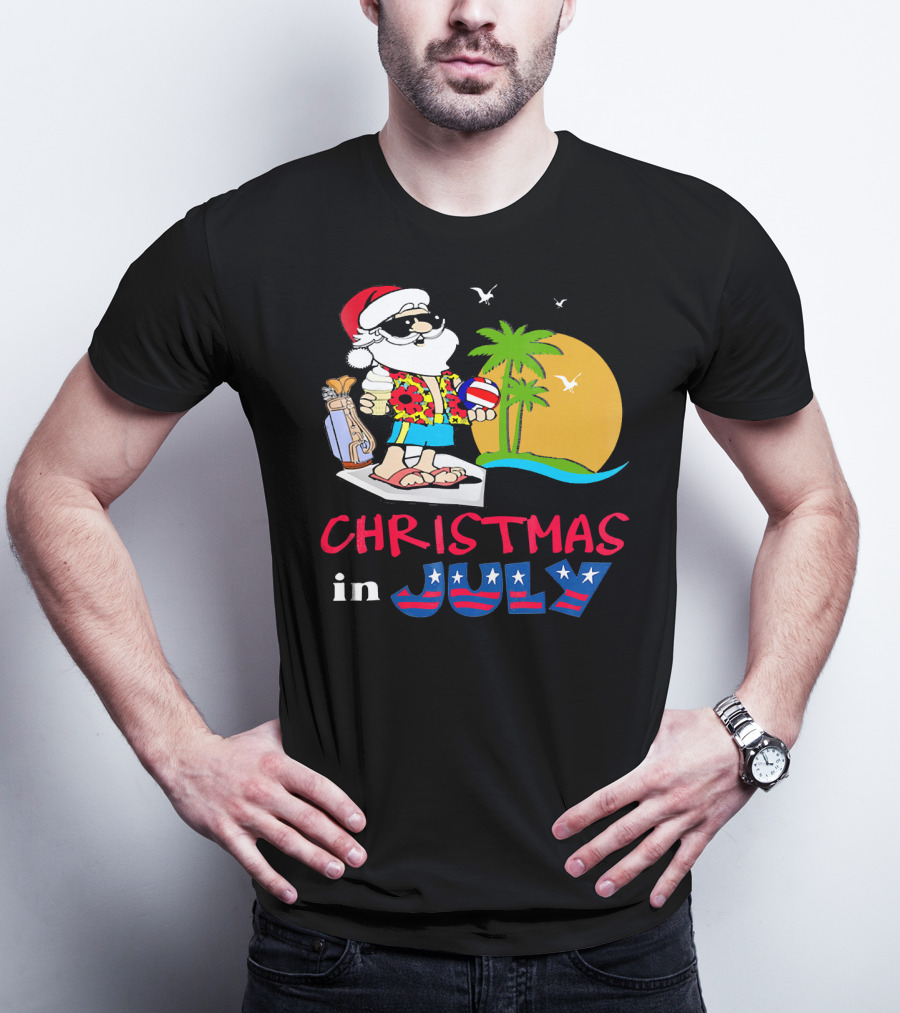 Christmas In July Funny Santa Summer Golf Sun And Palm Trees T-Shirt