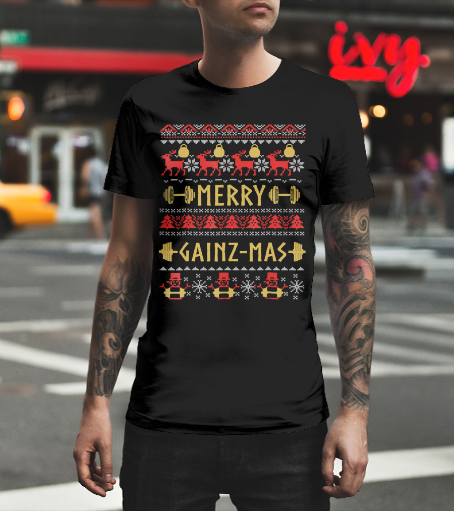 Merry Gainz Mas Fitness Christmas Kettlebells And Dumbbells Ugly T-Shirt