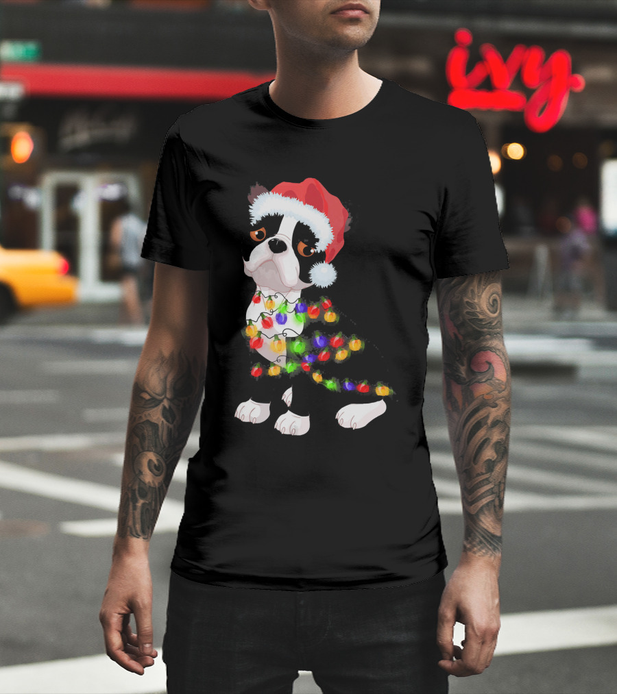 Boston Terrier Christmas Lights Santa Hat T-Shirt