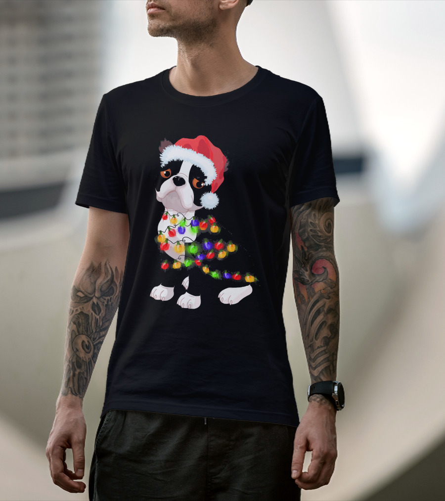 Boston Terrier Christmas Lights Santa Hat T-Shirt