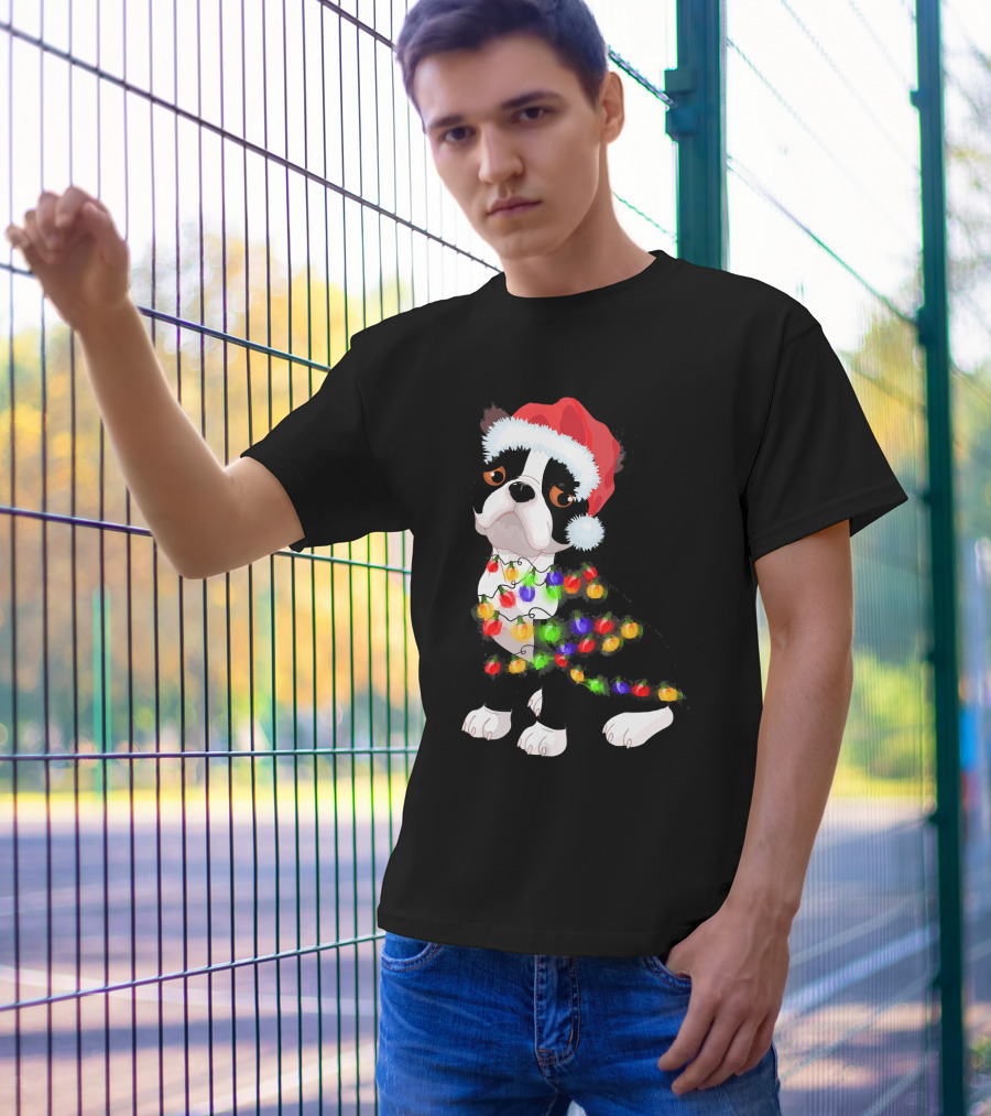 Boston Terrier Christmas Lights Santa Hat T-Shirt