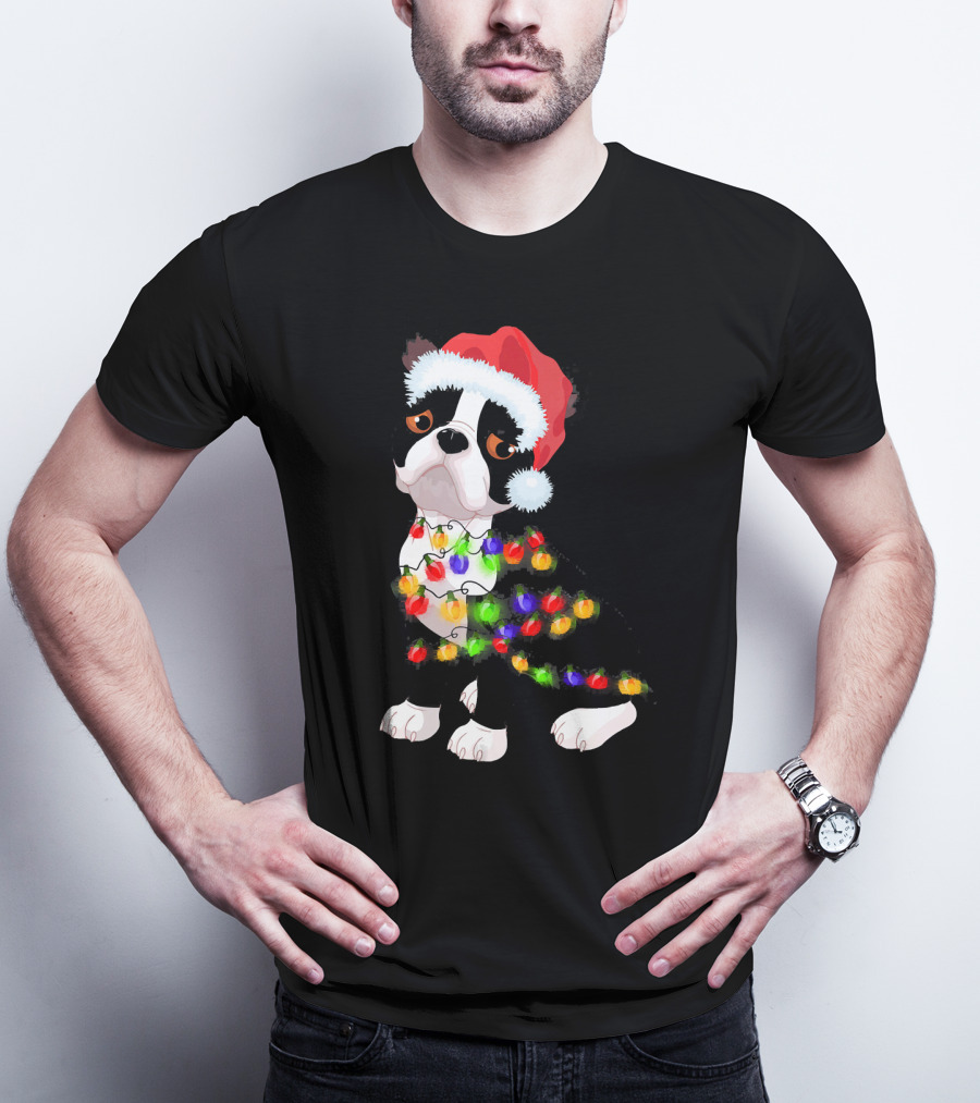 Boston Terrier Christmas Lights Santa Hat T-Shirt