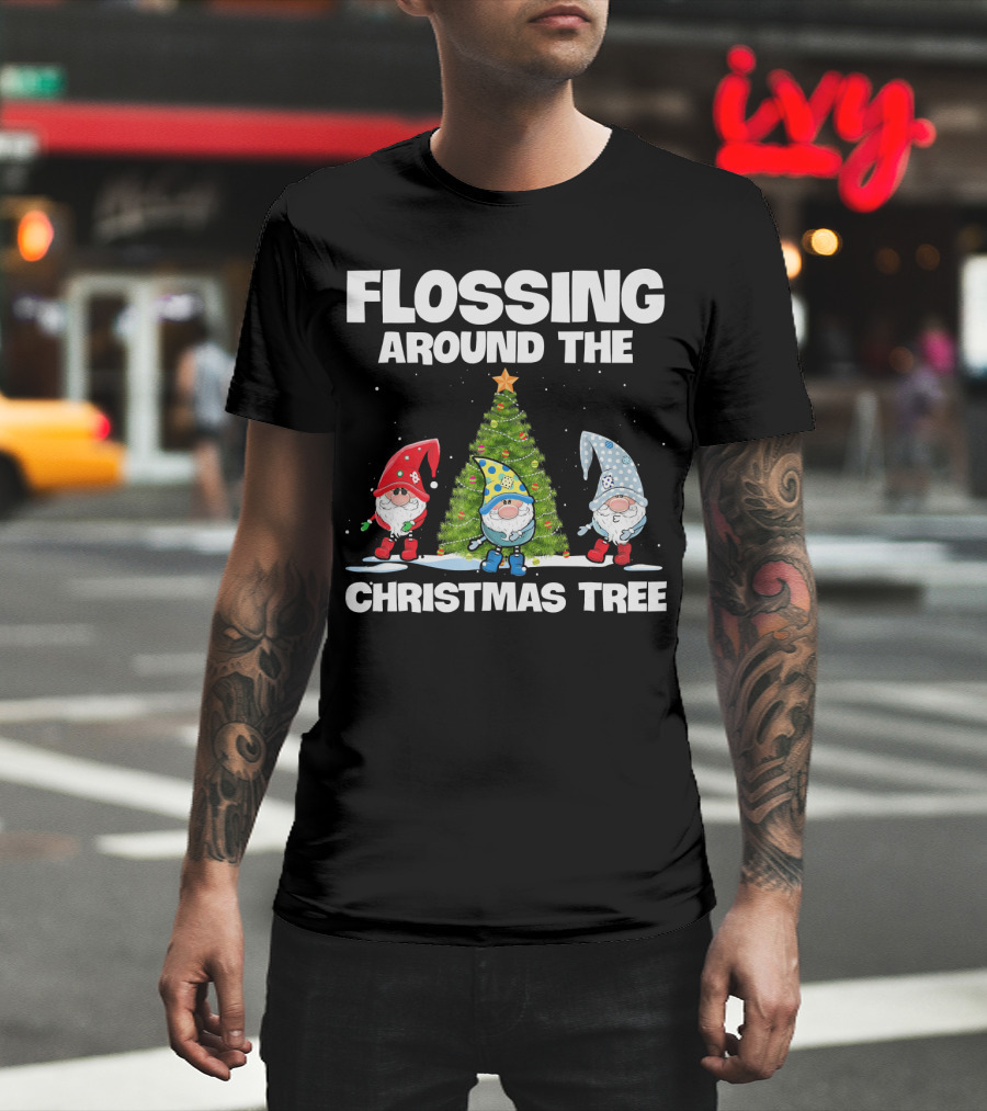 Flossing Around The Christmas Tree Gnomes And Lights Under Starry Sky T-Shirt