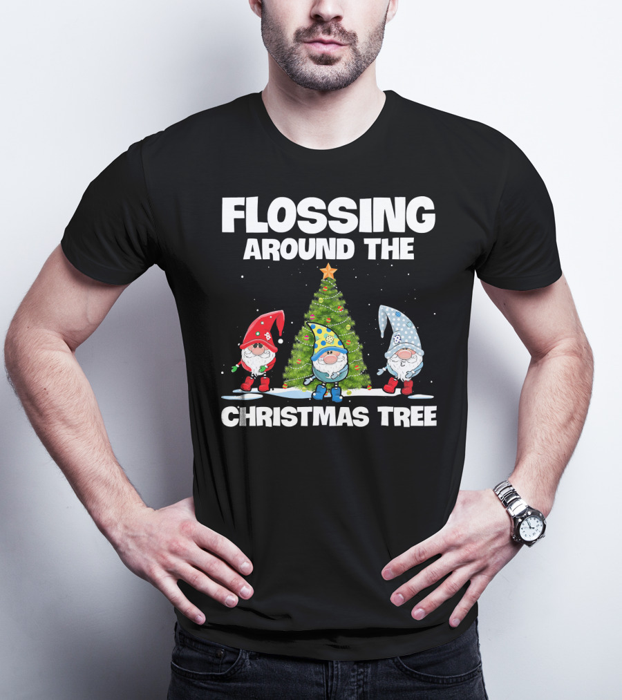Flossing Around The Christmas Tree Gnomes And Lights Under Starry Sky T-Shirt