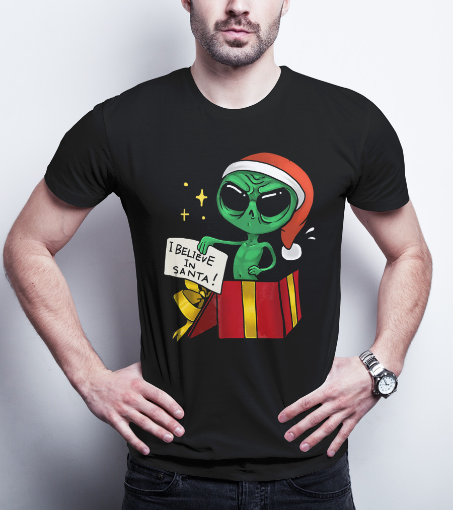 Christmas Funny Alien I Believe In Santa Present T-Shirt