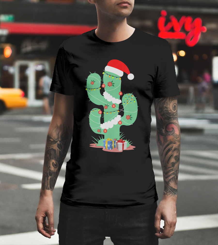 Funny Christmas Cactus With Santa Hat And Presents T-Shirt