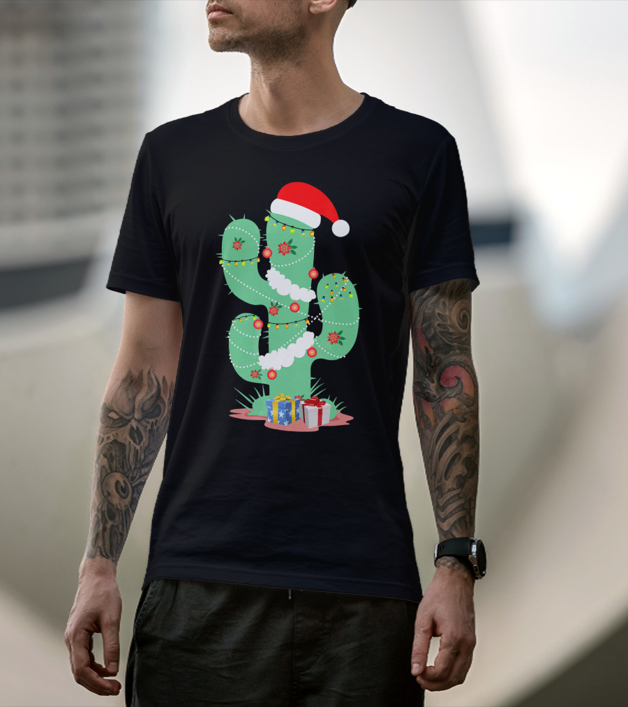 Funny Christmas Cactus With Santa Hat And Presents T-Shirt