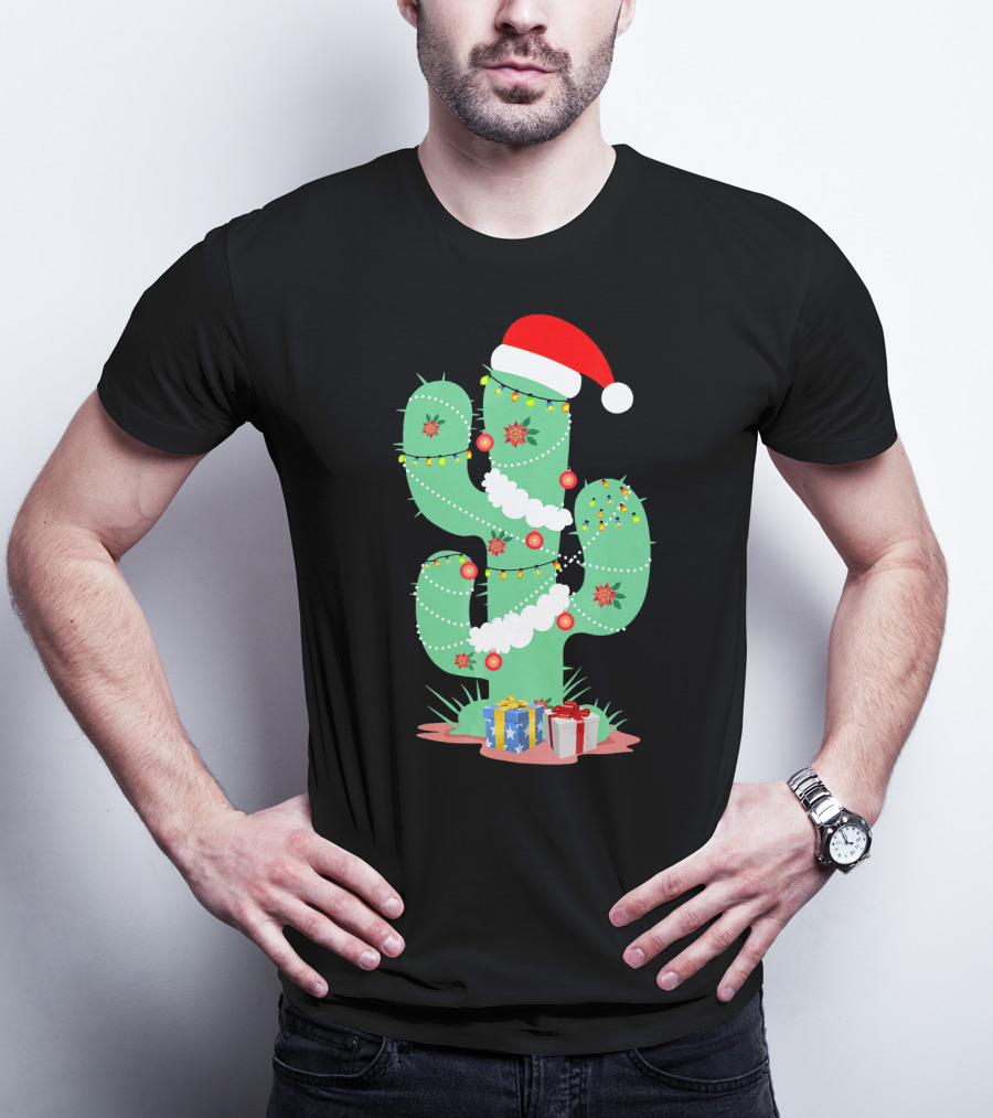 Funny Christmas Cactus With Santa Hat And Presents T-Shirt