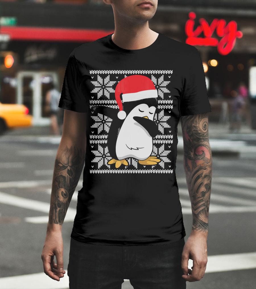Ugly Christmas Dabbing Penguin Santa Hat Snowflake T-Shirt