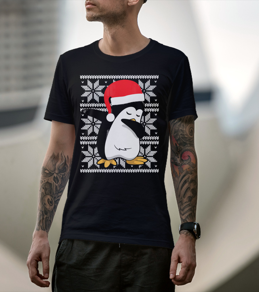 Ugly Christmas Dabbing Penguin Santa Hat Snowflake T-Shirt