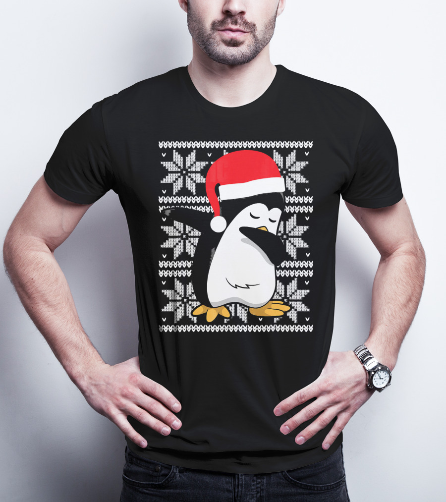 Ugly Christmas Dabbing Penguin Santa Hat Snowflake T-Shirt