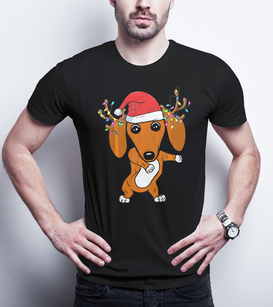 Dabbing Dachshund With Santa Hat And Reindeer Antlers T-Shirt