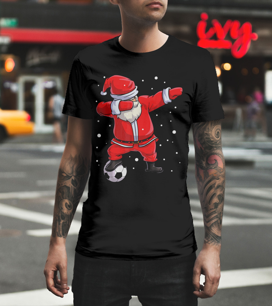 Santa Claus Dabbing On Soccer Ball Snowflakes Holiday T-Shirt