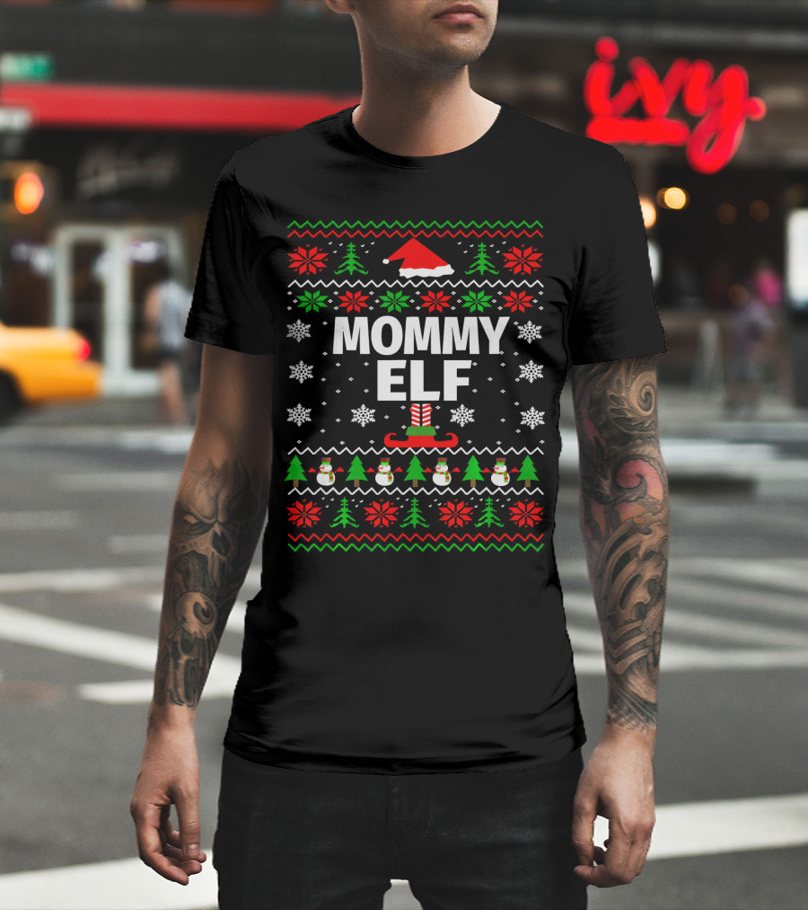 Mommy ELF Christmas Sweater Ugly Season Family Holiday Snowflakes Trees T-Shirt
