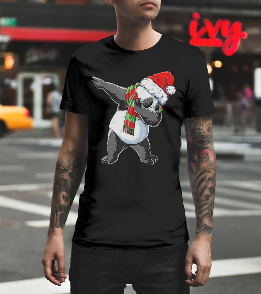 Panda Dabbing Santa Hat Red Green Scarf T-Shirt