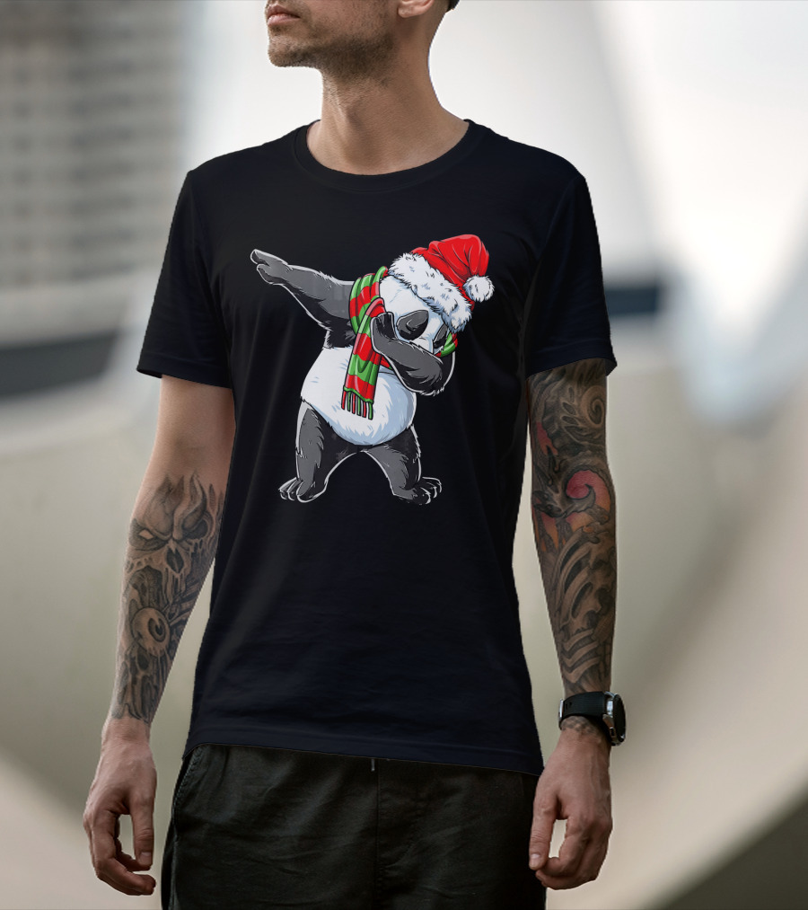 Panda Dabbing Santa Hat Red Green Scarf T-Shirt