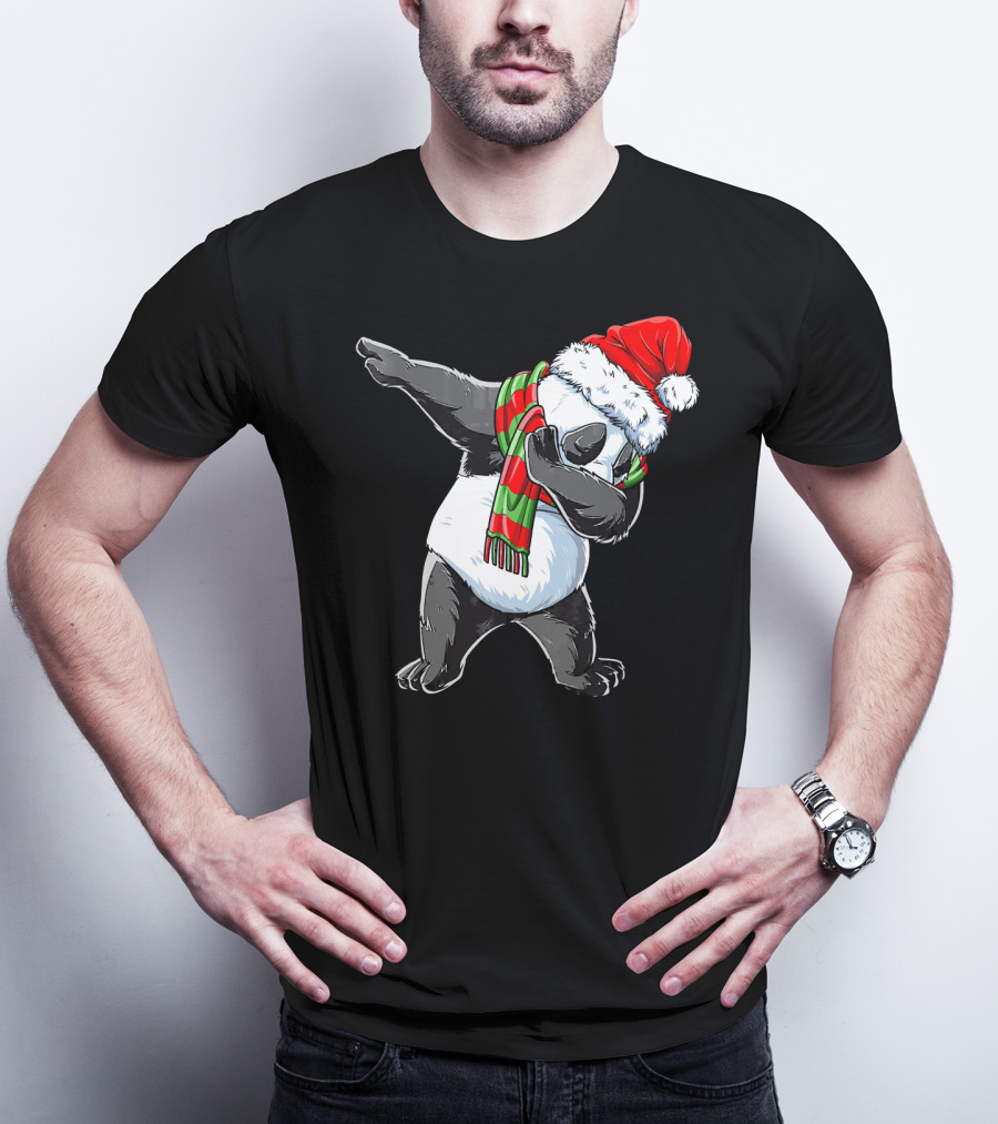 Panda Dabbing Santa Hat Red Green Scarf T-Shirt