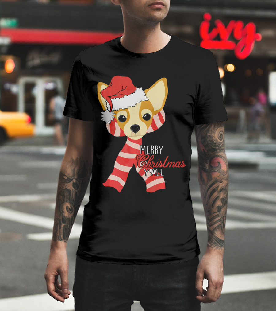 Merry Christmas Y'all Chihuahua Dog With Santa Hat And Scarf T-Shirt