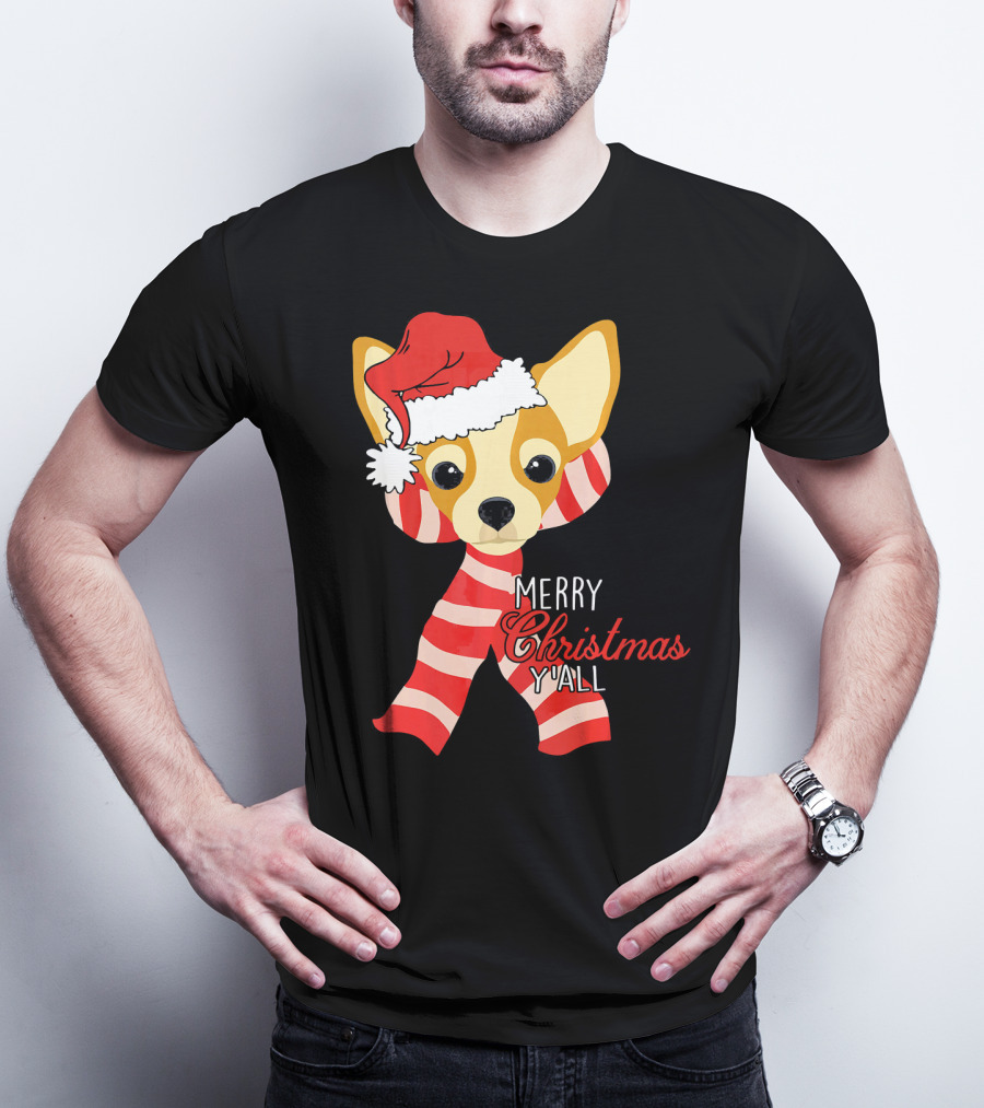 Merry Christmas Y'all Chihuahua Dog With Santa Hat And Scarf T-Shirt