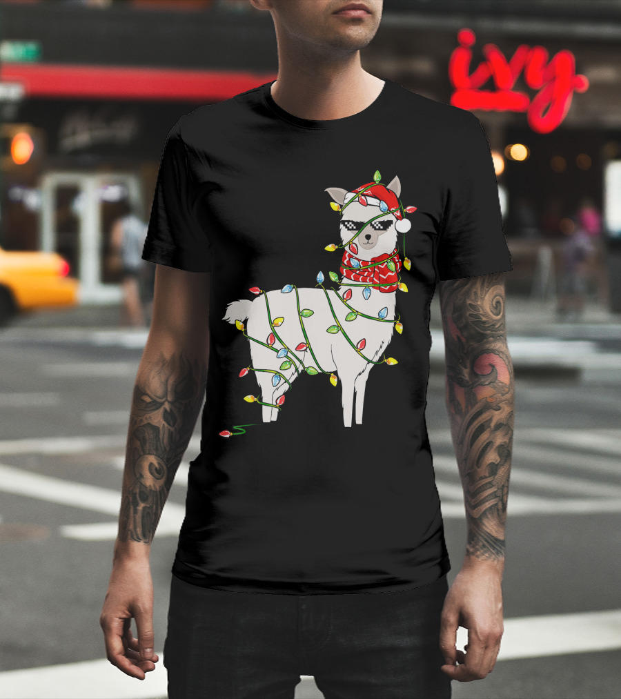 Llama Wrapped In Christmas Lights Wearing Santa Hat And Scarf T-Shirt