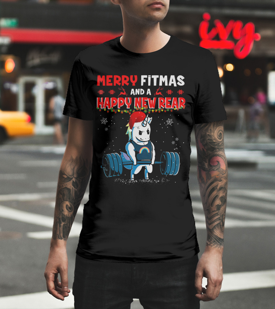Merry Fitmas And A Happy New Rear Unicorn Weightlifting Santa Hat Snowflakes T-Shirt