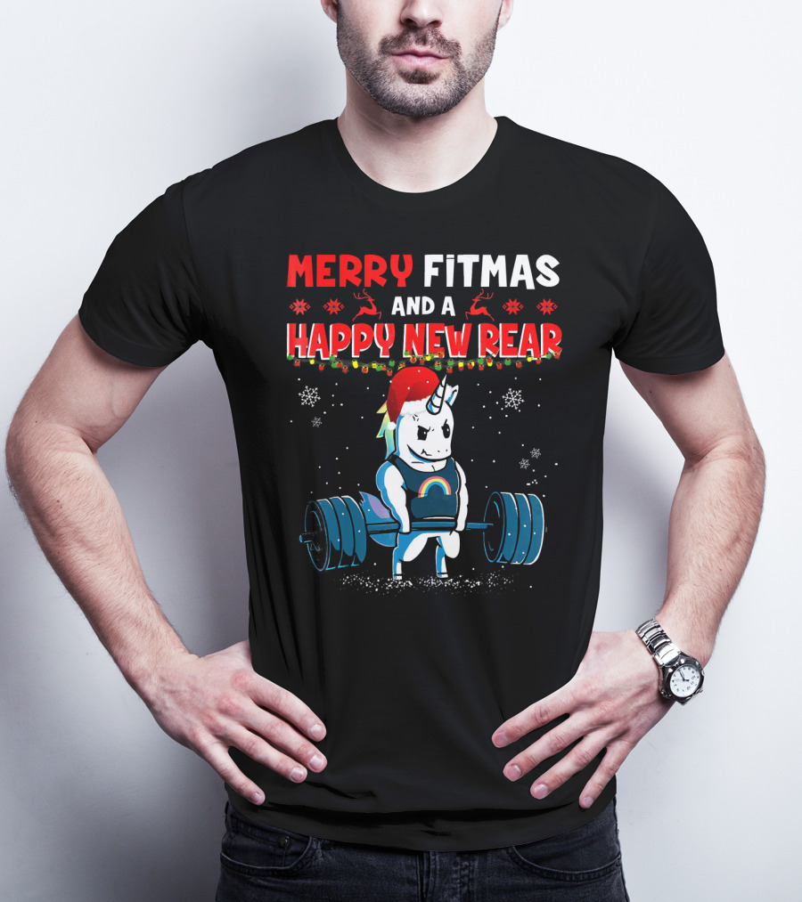 Merry Fitmas And A Happy New Rear Unicorn Weightlifting Santa Hat Snowflakes T-Shirt