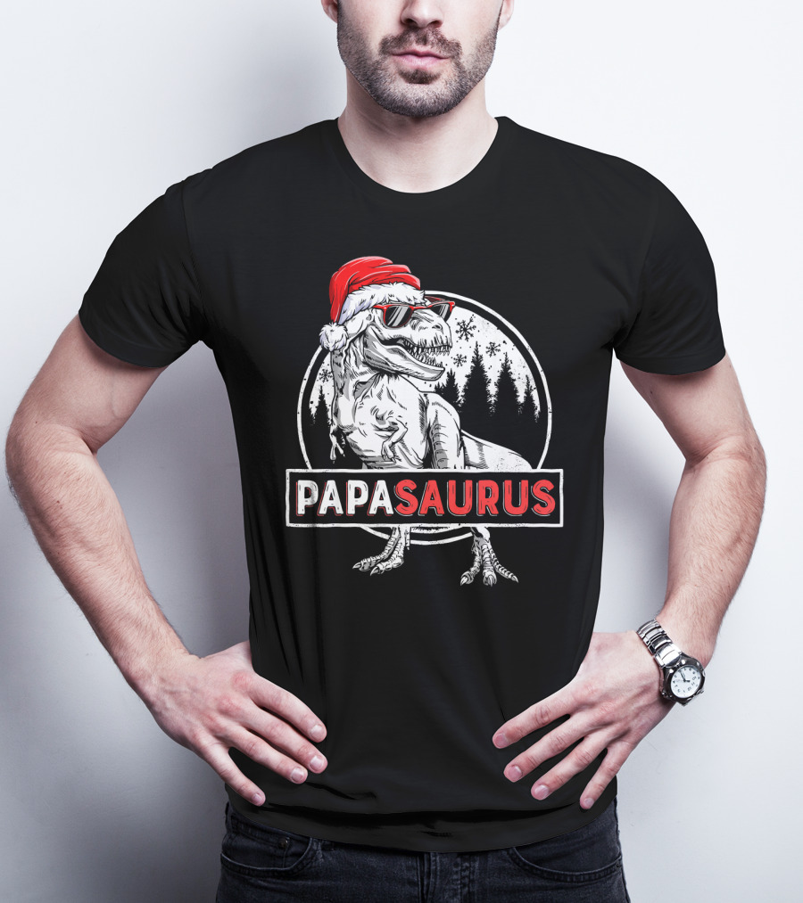 Papasaurus Dinosaur Santa Hat Christmas Snowflake Forest T-Shirt