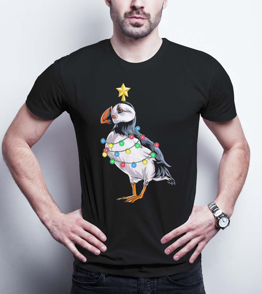 Puffin Bird Wrapped In Christmas Lights With Star T-Shirt