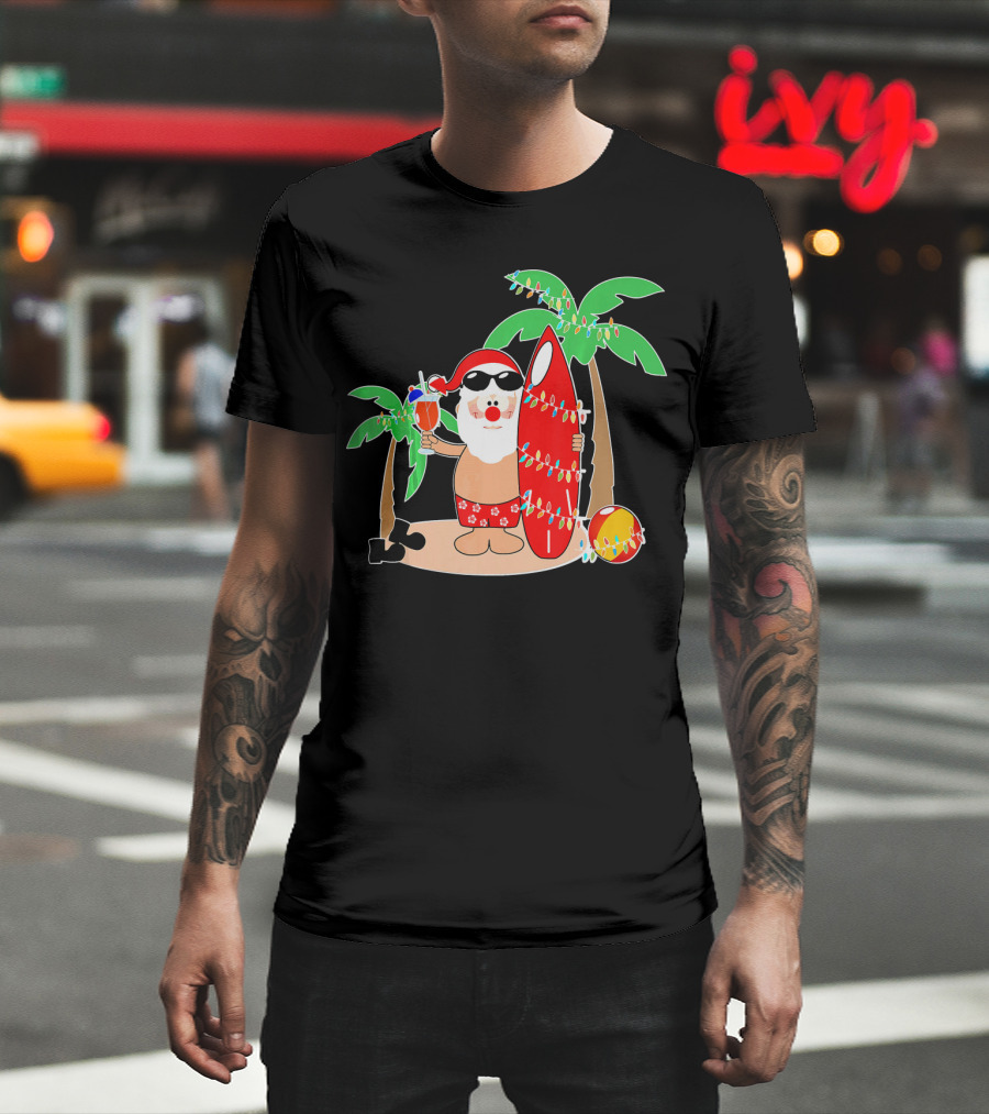 Santa Claus Surfing Hawaiian Summer Palm Trees And Lights T-Shirt