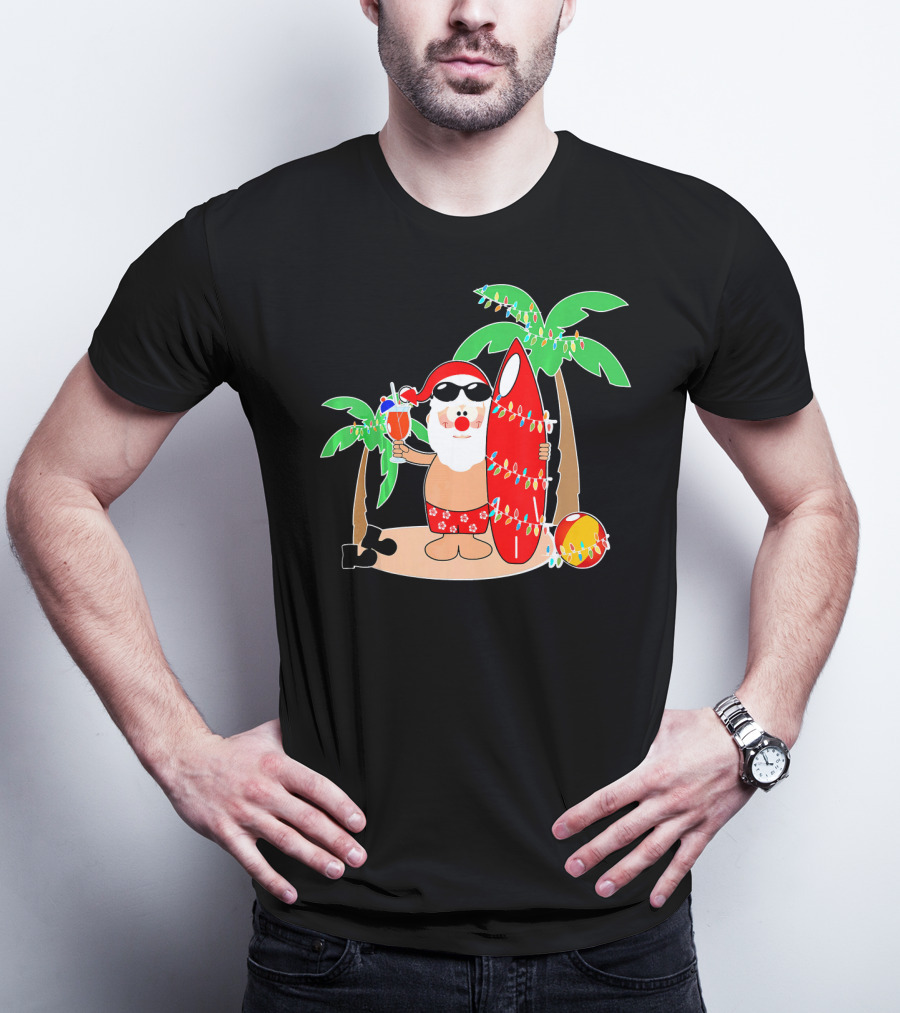 Santa Claus Surfing Hawaiian Summer Palm Trees And Lights T-Shirt