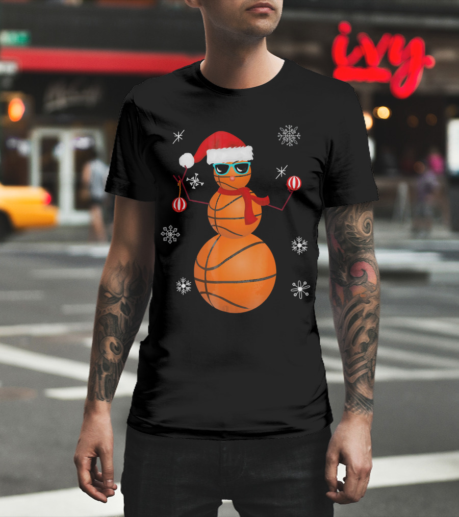 Christmas Basketball Snowman Santa With Sunglasses And Ornaments T-Shirt
