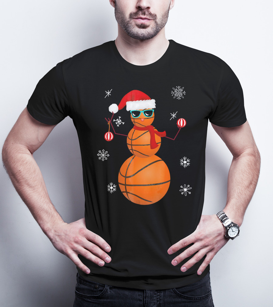 Christmas Basketball Snowman Santa With Sunglasses And Ornaments T-Shirt