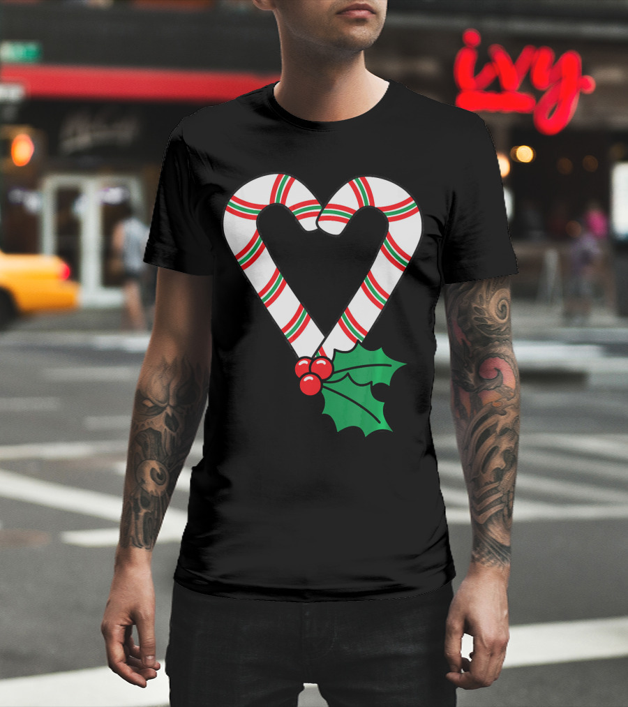 Christmas Candy Cane Heart Holly Berry T-Shirt