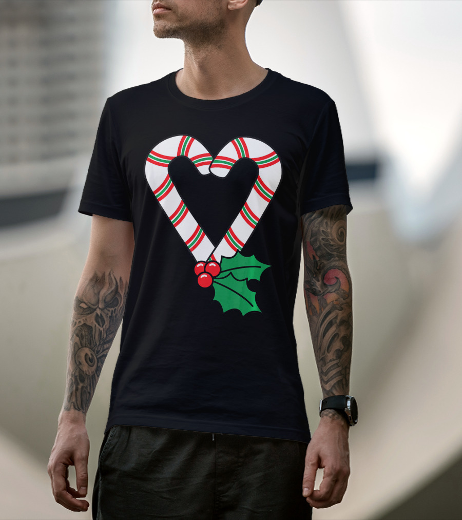 Christmas Candy Cane Heart Holly Berry T-Shirt