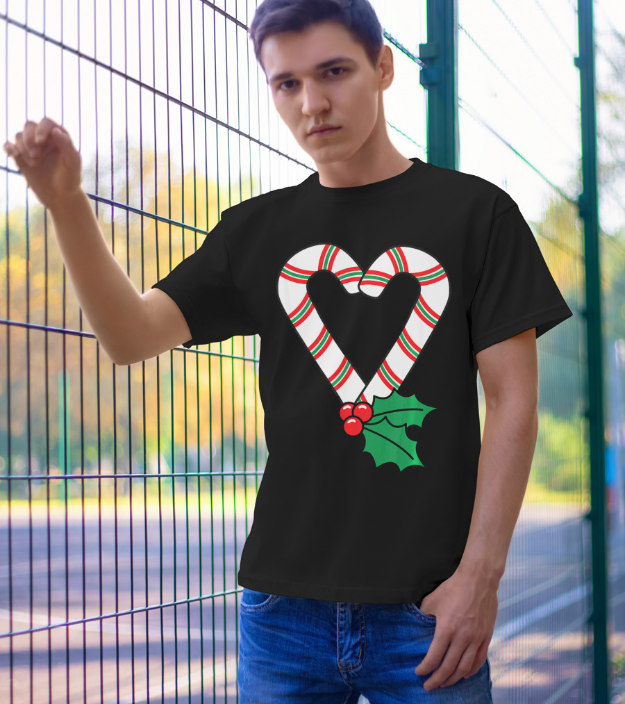 Christmas Candy Cane Heart Holly Berry T-Shirt