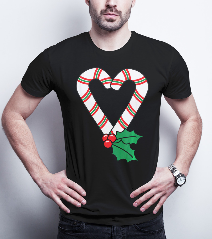 Christmas Candy Cane Heart Holly Berry T-Shirt