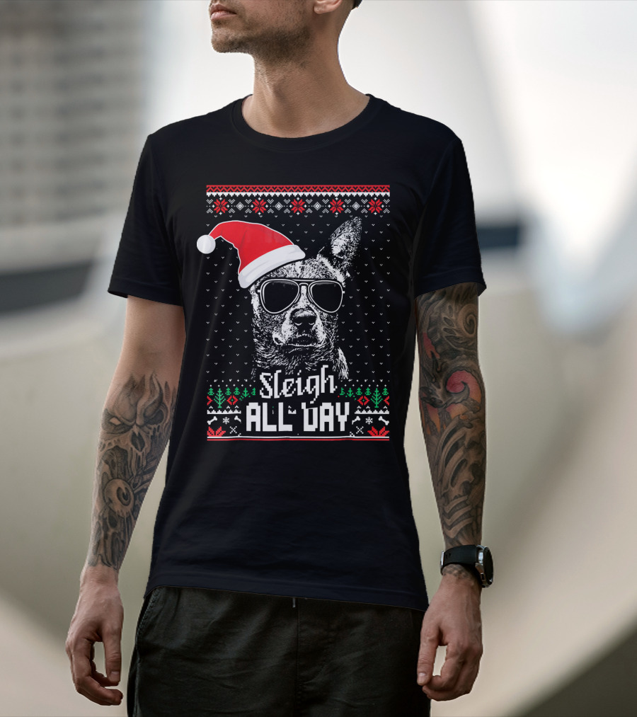 Sleigh All Day Funny Australian Cattle Dog Christmas Santa Hat Sunglasses Festive Knit T-Shirt