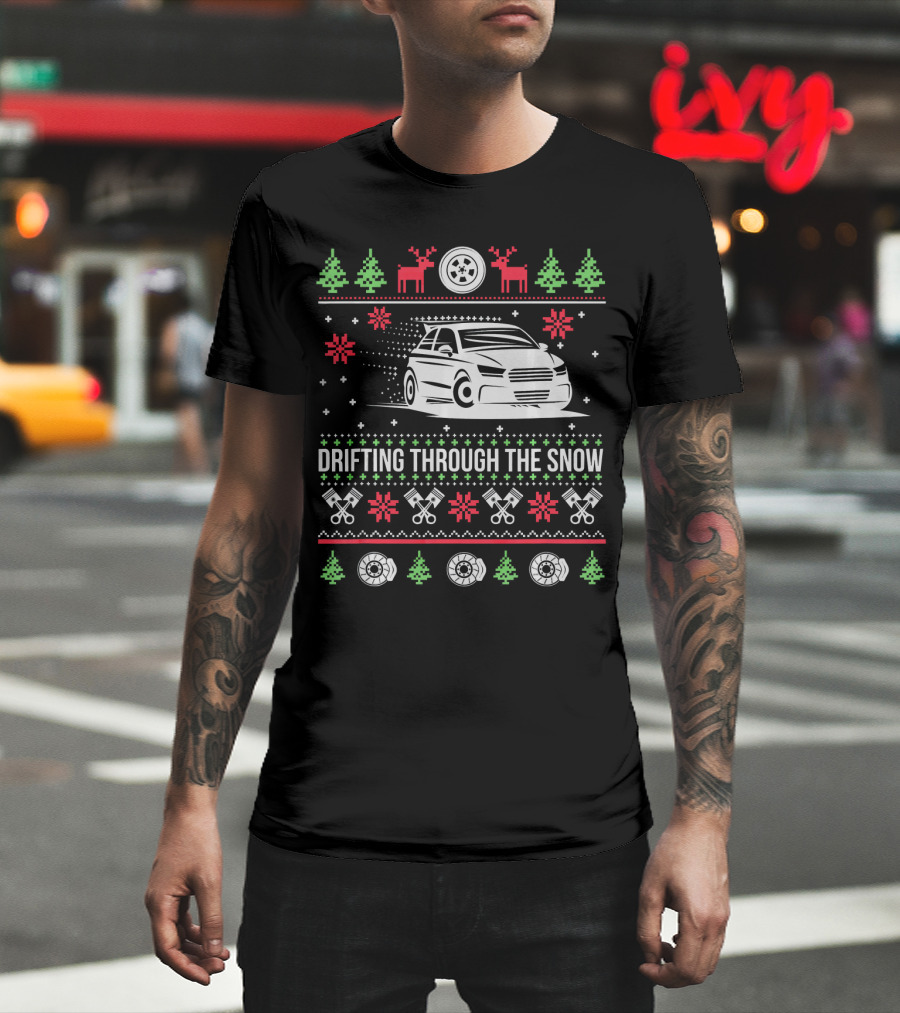 Drifting Through The Snow Christmas Car With Reindeer And Snowflakes T-Shirt