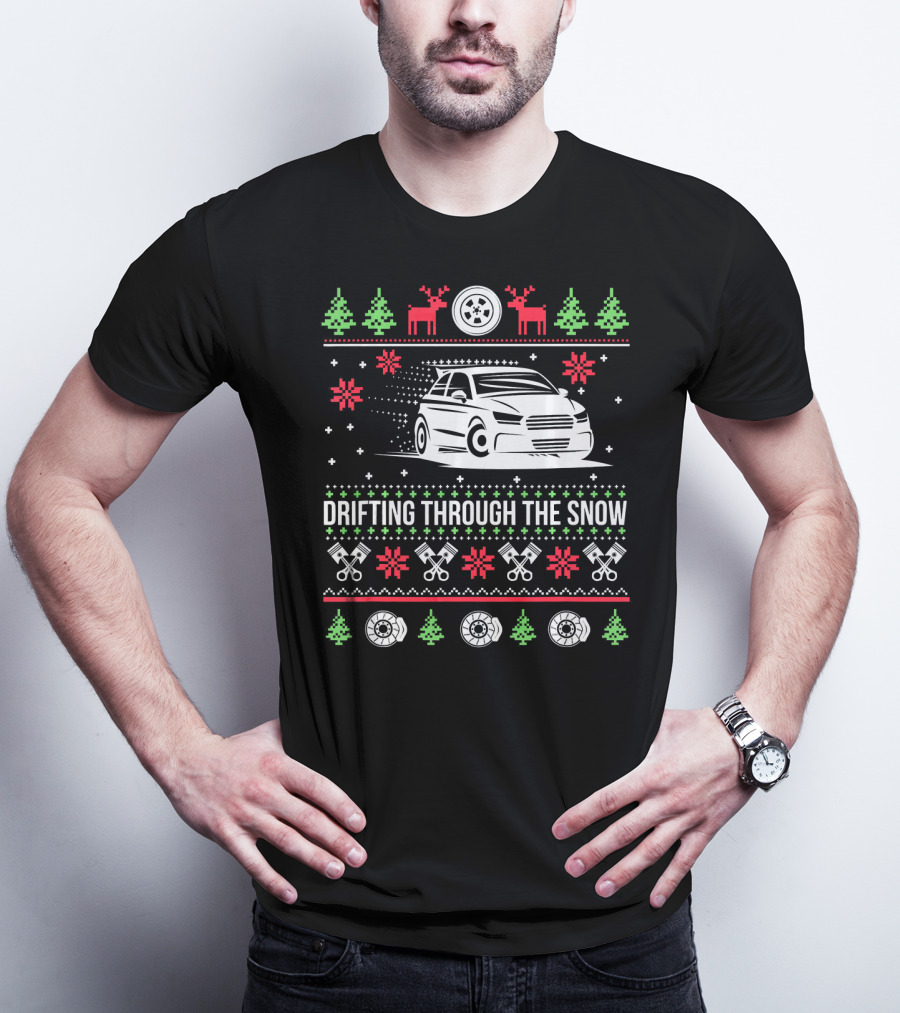 Drifting Through The Snow Christmas Car With Reindeer And Snowflakes T-Shirt