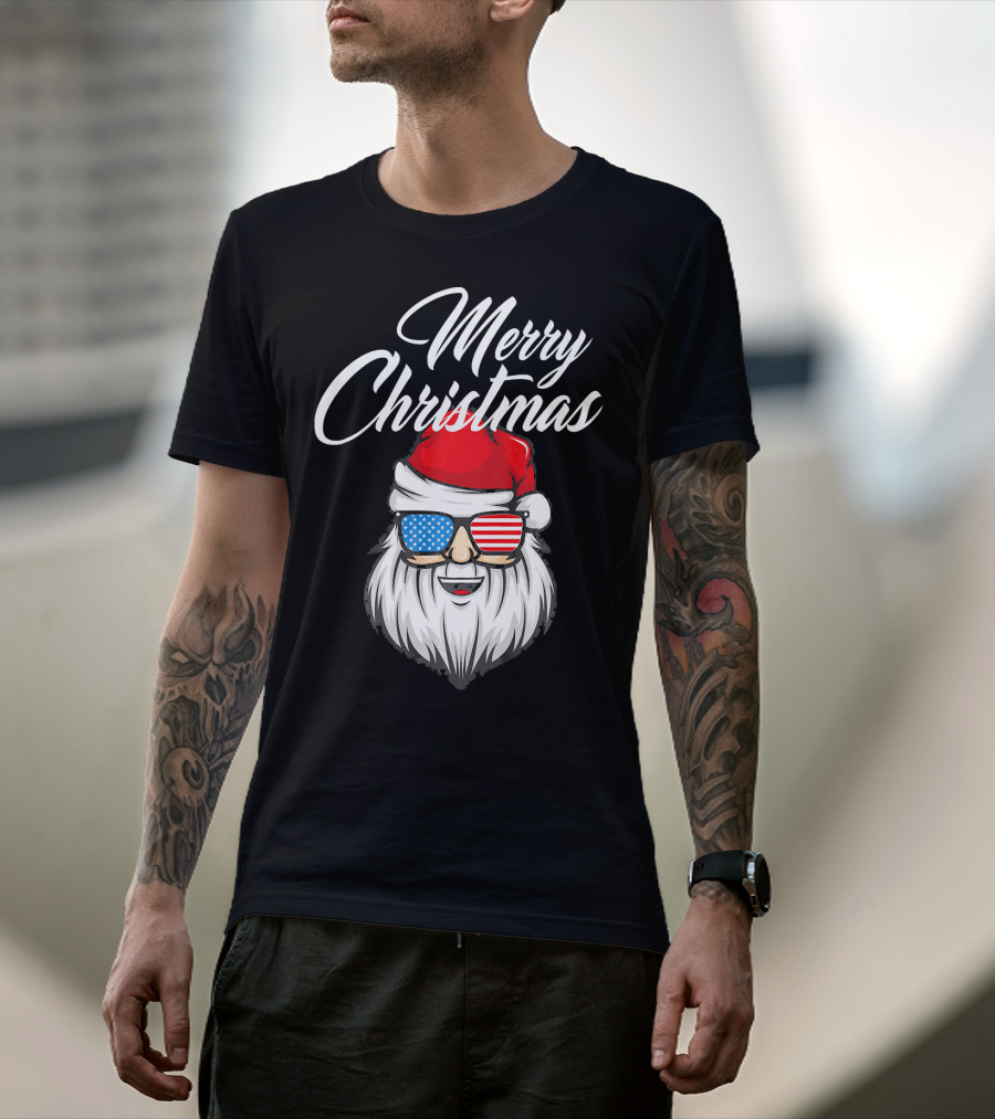 Merry Christmas Santa Claus Patriotic US Flag Sunglasses T-Shirt