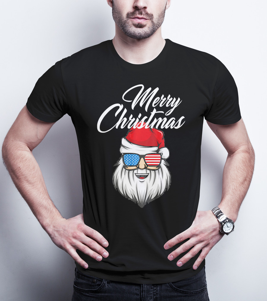 Merry Christmas Santa Claus Patriotic US Flag Sunglasses T-Shirt