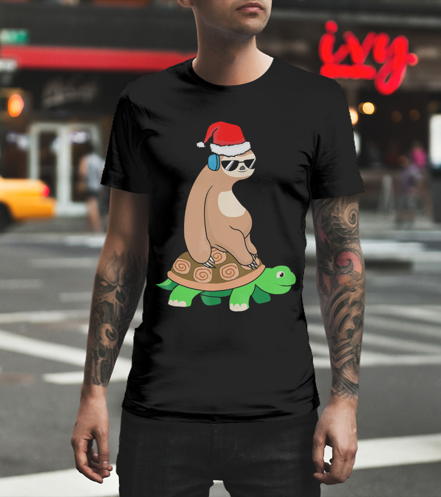 Xmas Sloth Riding Turtle Lazy Sloth Santa Hat Sunglasses T-Shirt