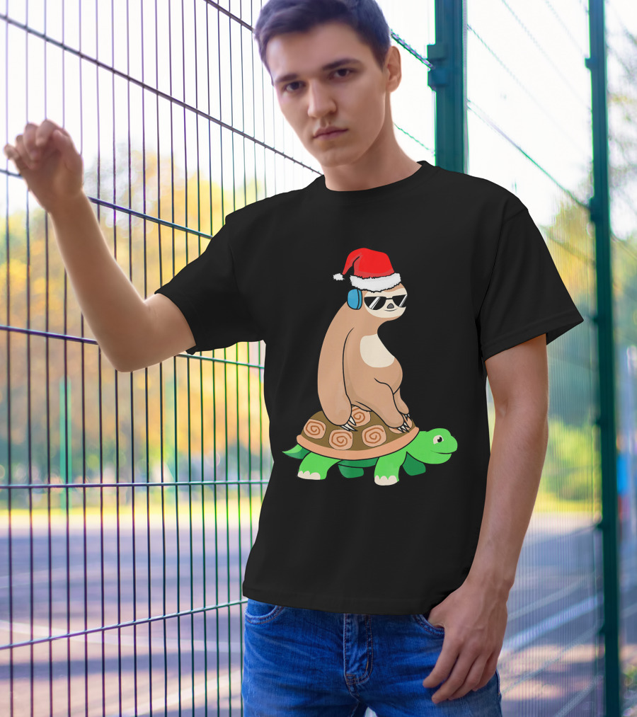 Xmas Sloth Riding Turtle Lazy Sloth Santa Hat Sunglasses T-Shirt