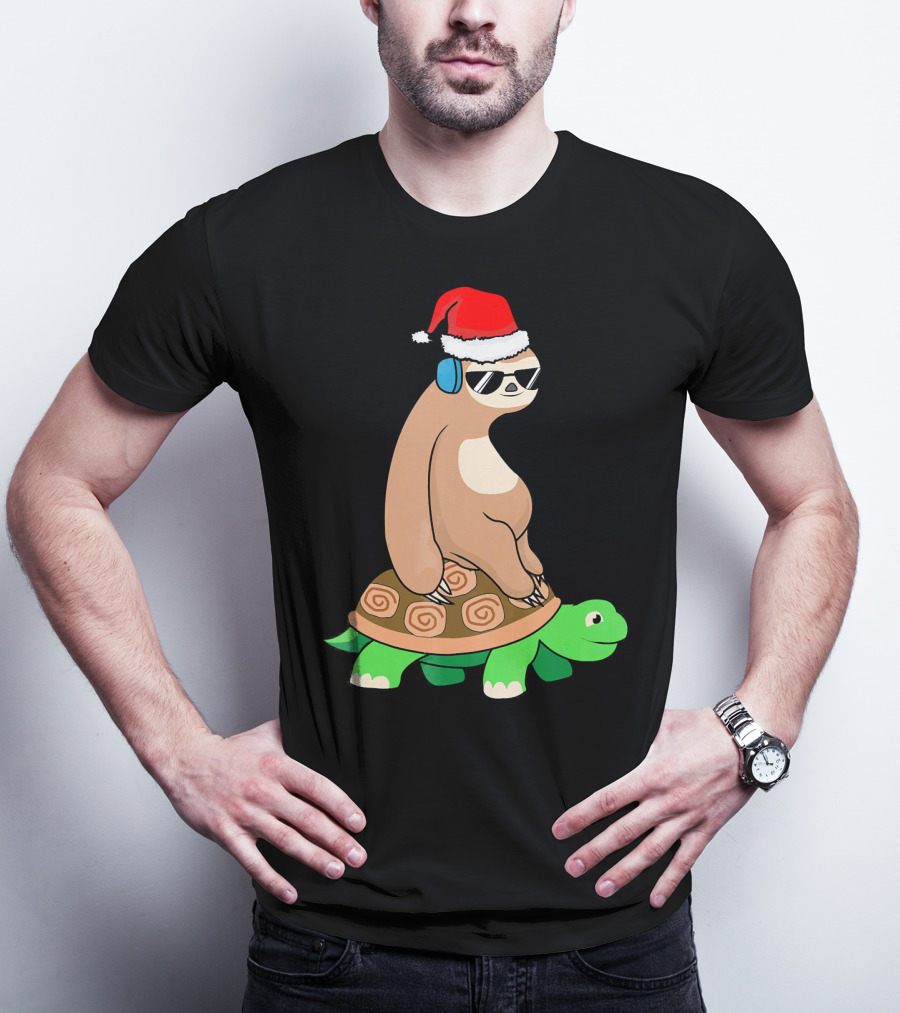 Xmas Sloth Riding Turtle Lazy Sloth Santa Hat Sunglasses T-Shirt