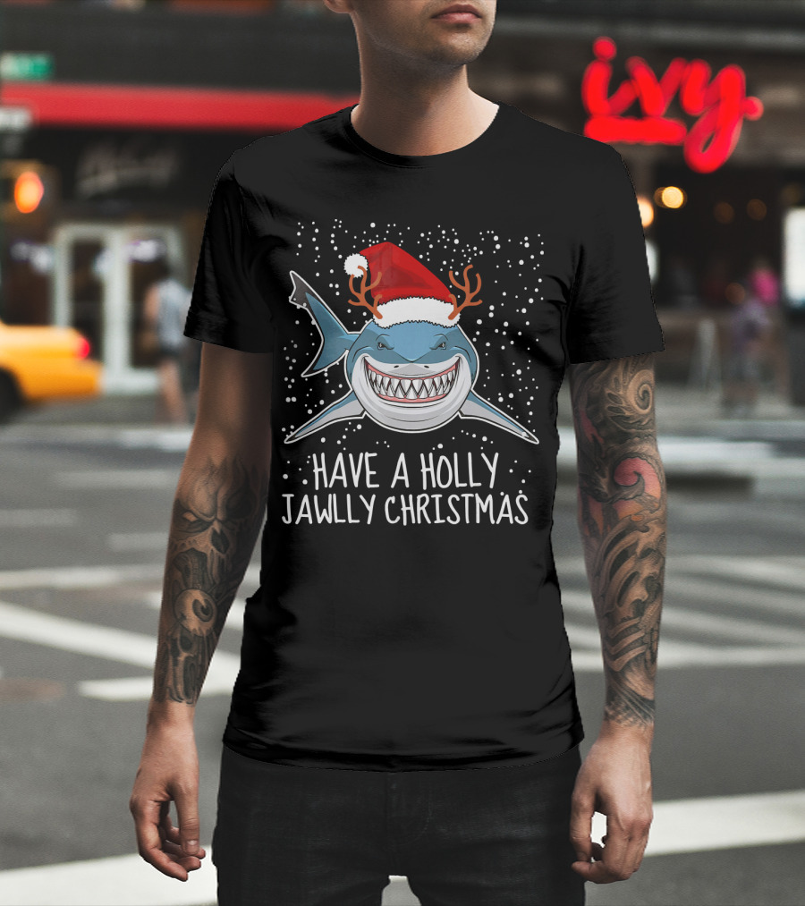 Have A Holly Jawlly Christmas Shark Santa Hat Reindeer Antlers T-Shirt