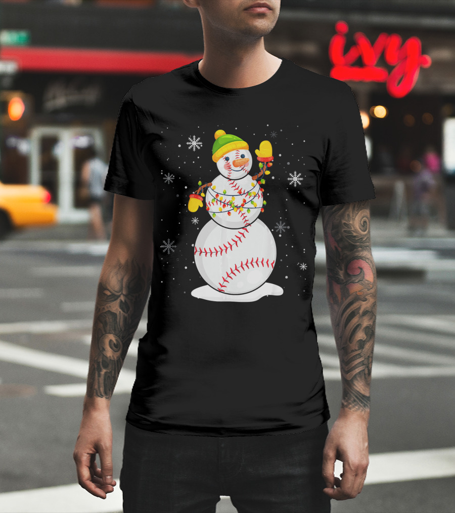Christmas Snowman With Baseball Stitching And Santa Hat T-Shirt